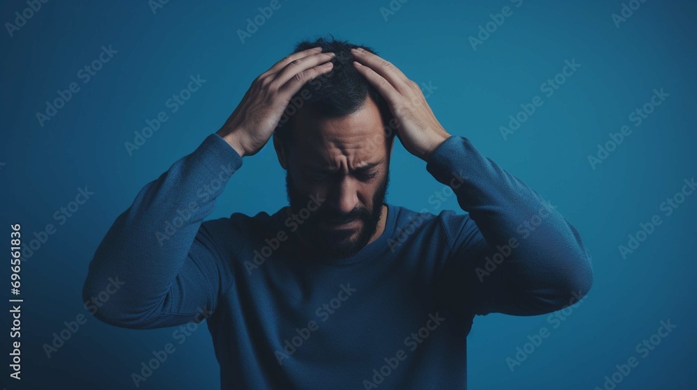 Portrait of sad man having life troubles holding head with suffering ...