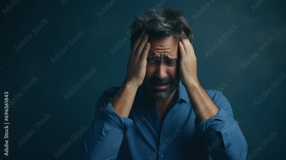 Portrait of sad man having life troubles holding head with suffering ...