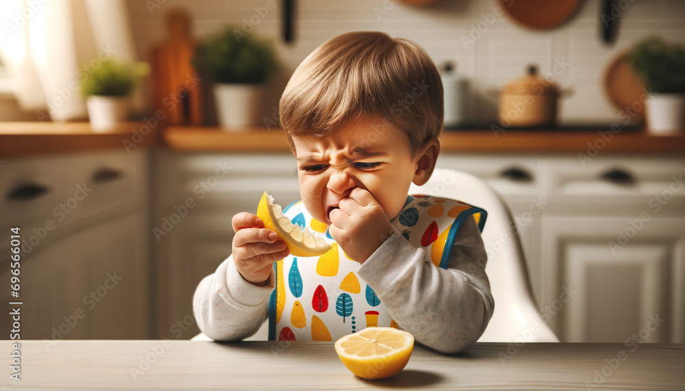 Young boy tasting a slice of lemon, with his expression humorously ...