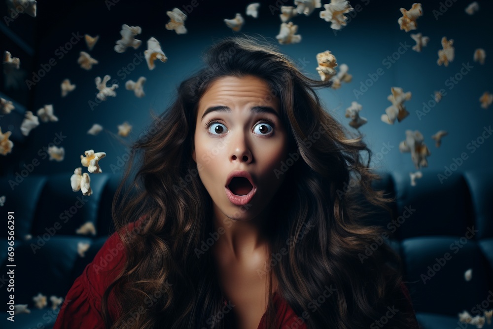 young woman sitting in cinema hall holding bucket of popcorn looking ...