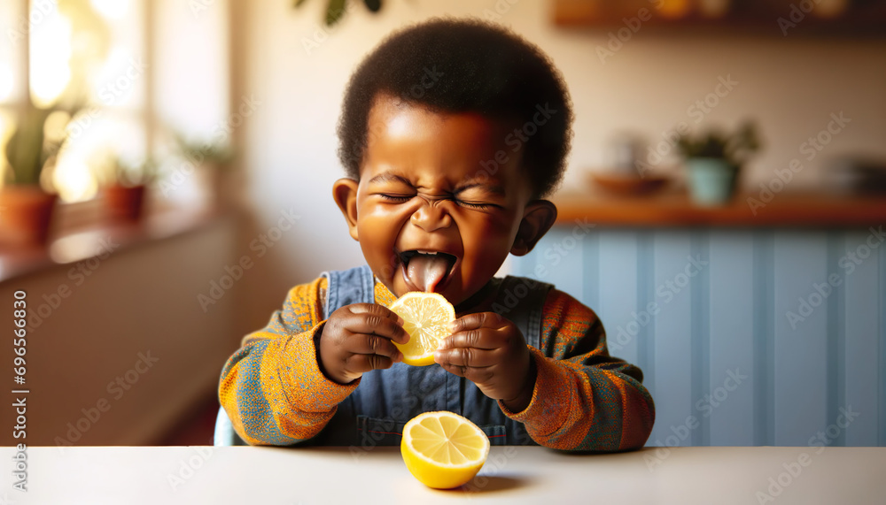 African boy toddler tasting a slice of lemon, with his expression ...