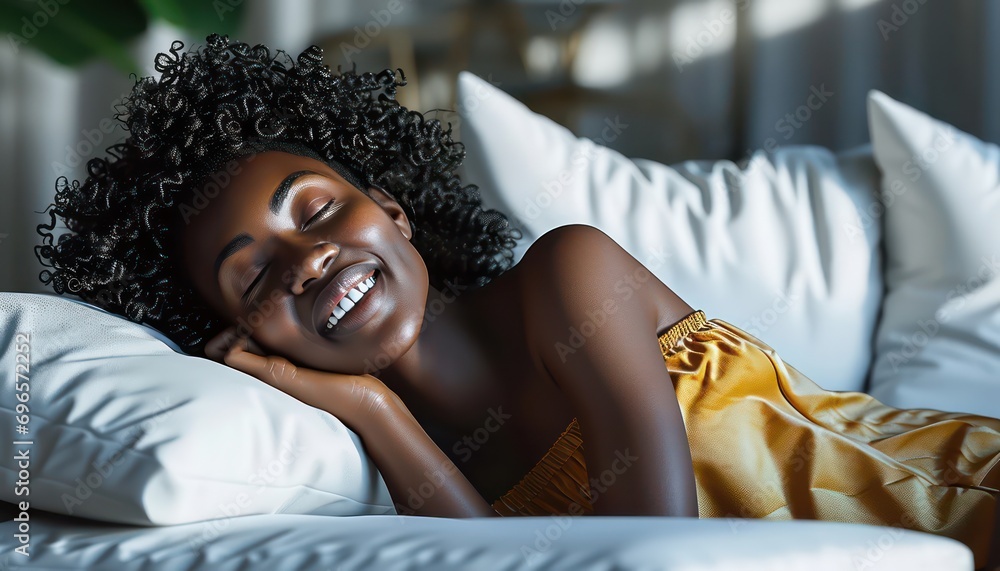 Happy black woman relaxing lying on the sofa at home , Portrait of ...