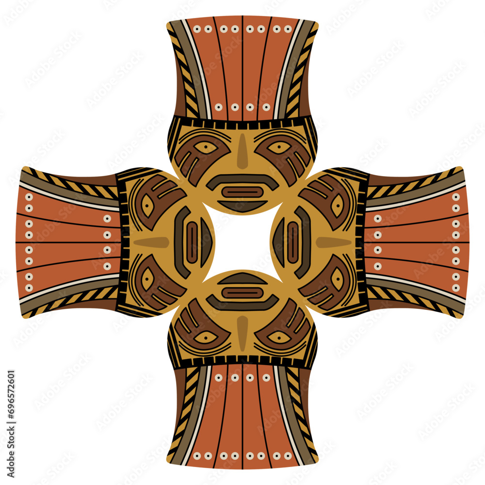 Square cross shape ornament with four ethnic masks faces. Ancient ...