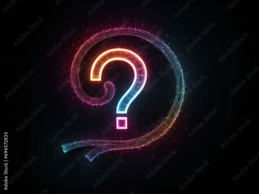 transparent glowing question mark, glowing lines, black background ...