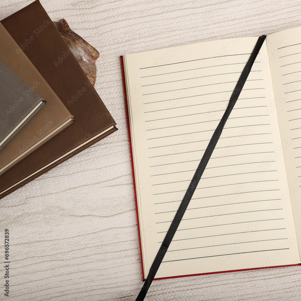 Leather Journals and Notebooks in different colors. Concept shot, top ...