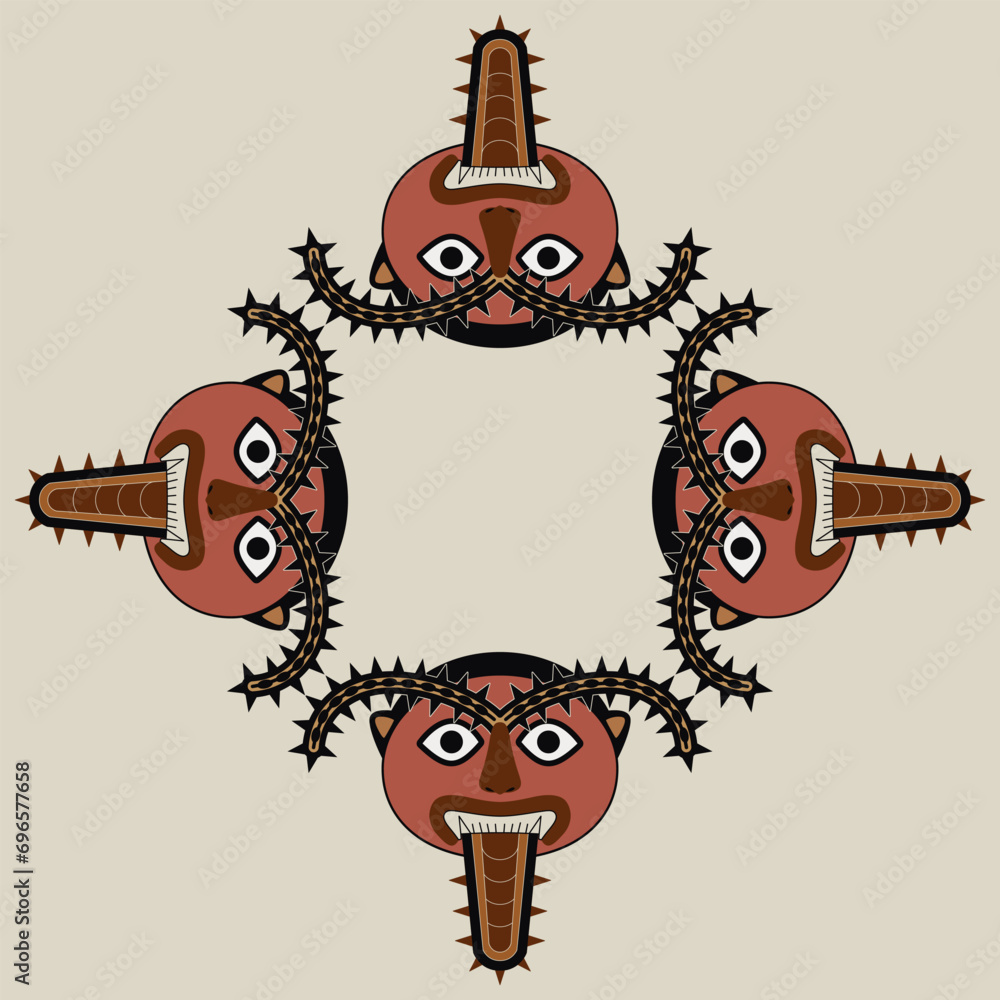Square ethnic cross shape frame with human faces and cacti spiky motifs ...