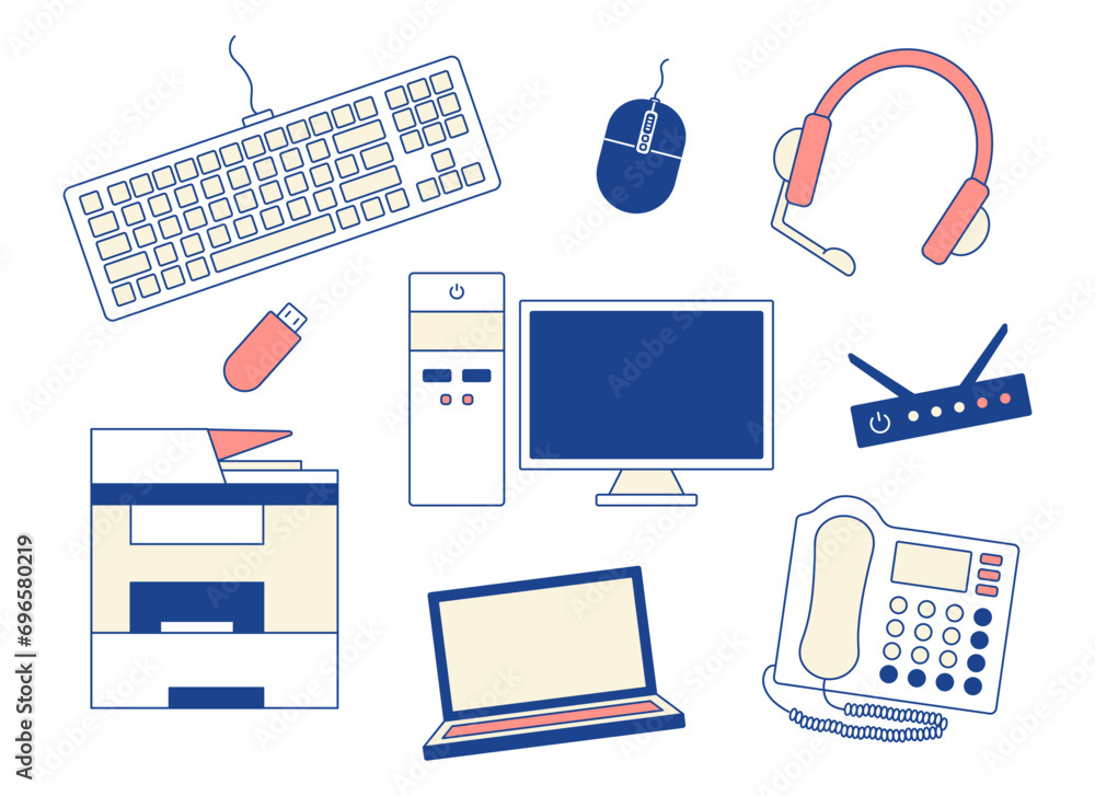 Set office IT equipment. Computer, laptop. Keyboard, mouse and headset ...