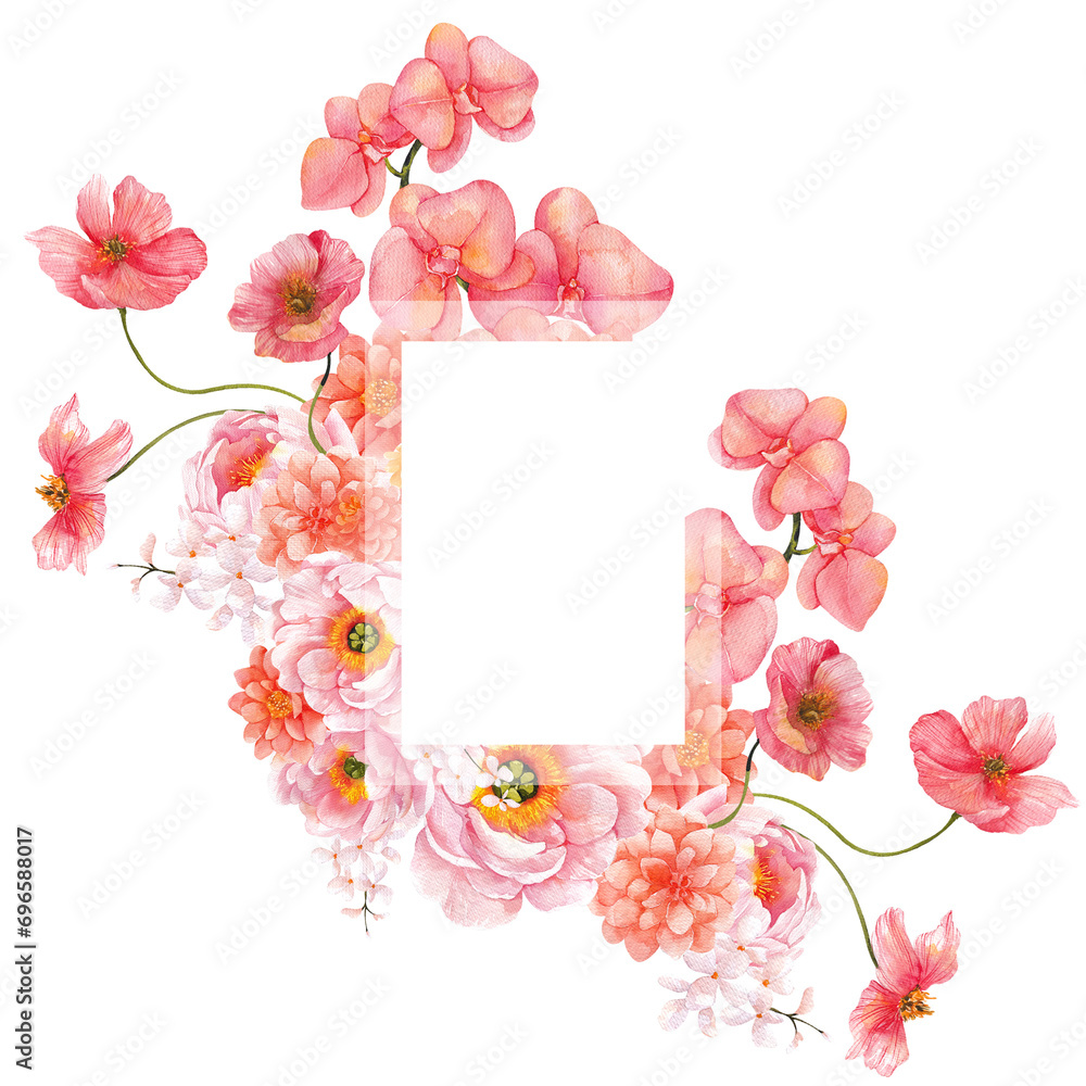 Watercolor frame with spring flowers in peach fuzz color, isolated on ...