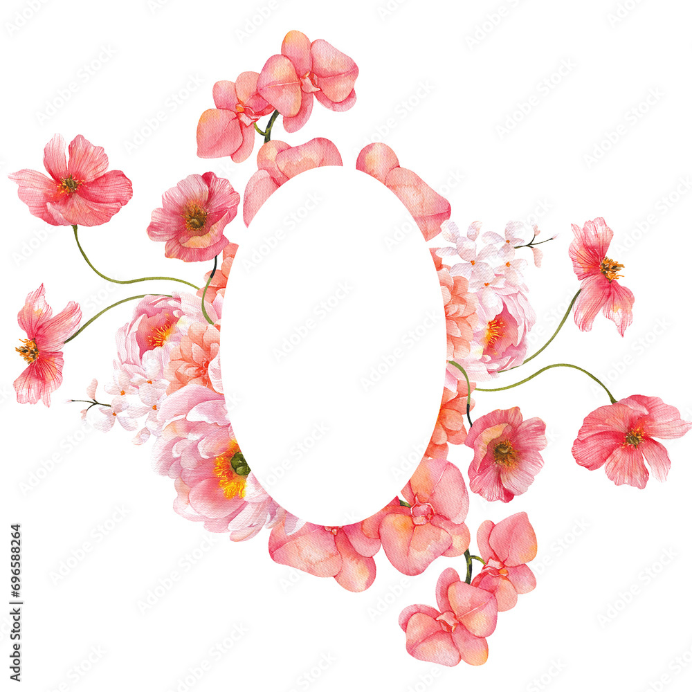 Watercolor frame with spring flowers in peach fuzz color, isolated on ...