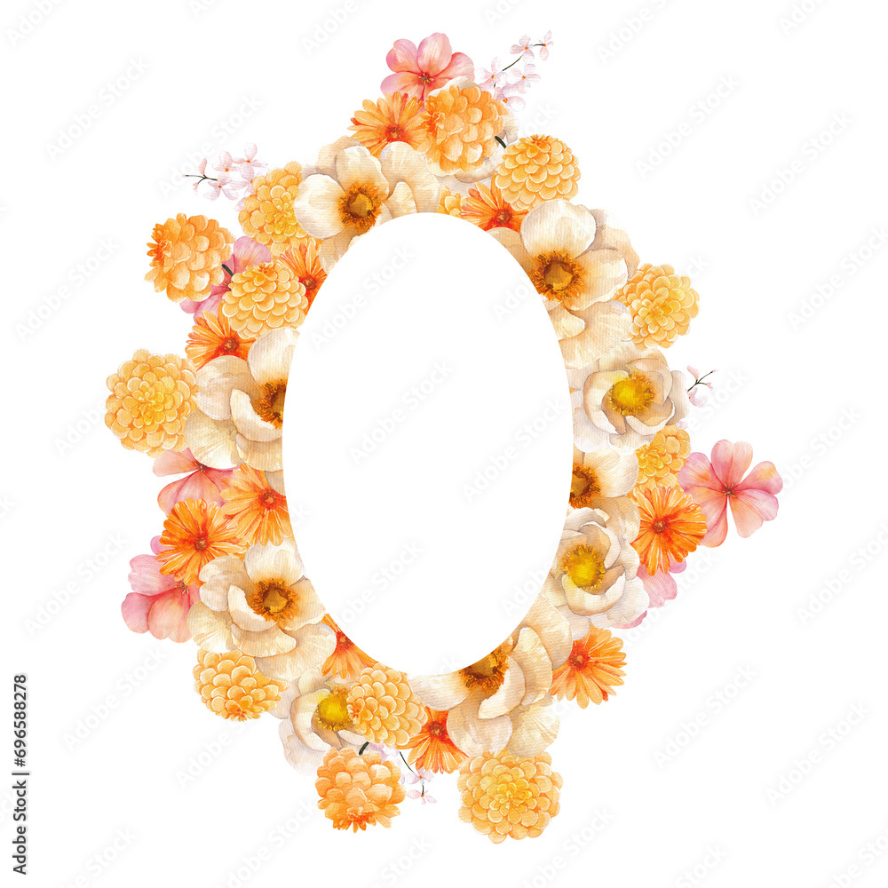 Watercolor frame with spring flowers in peach fuzz color, isolated on ...