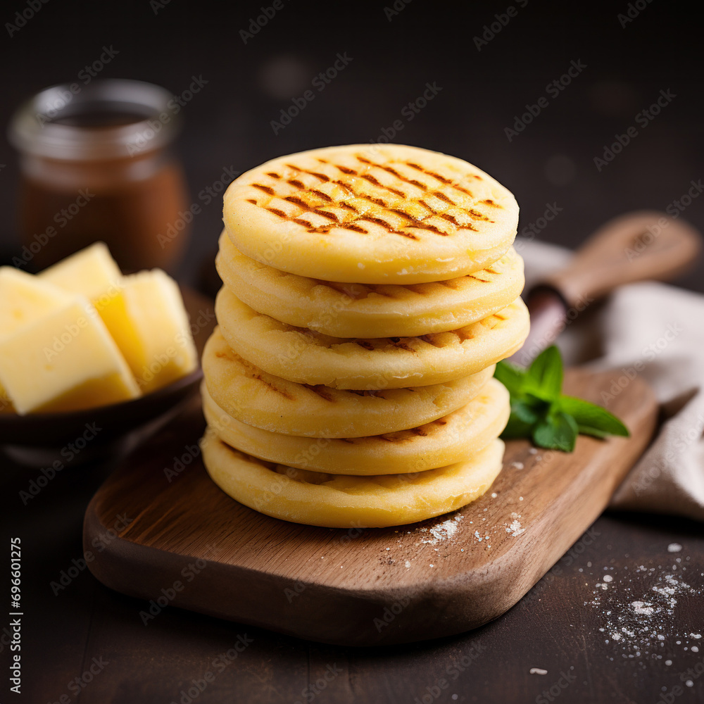 Stack of Arepas made from ground corn dough, cornmeal, traditional meal ...