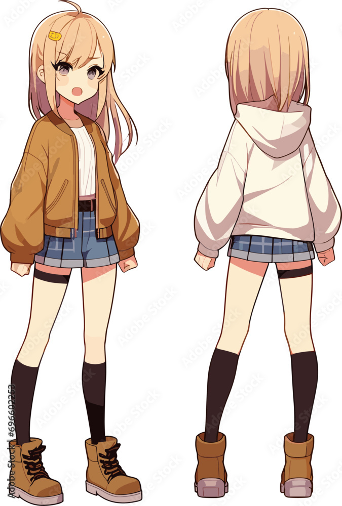 Anime character sheet posing, front and back view, vector illustration ...