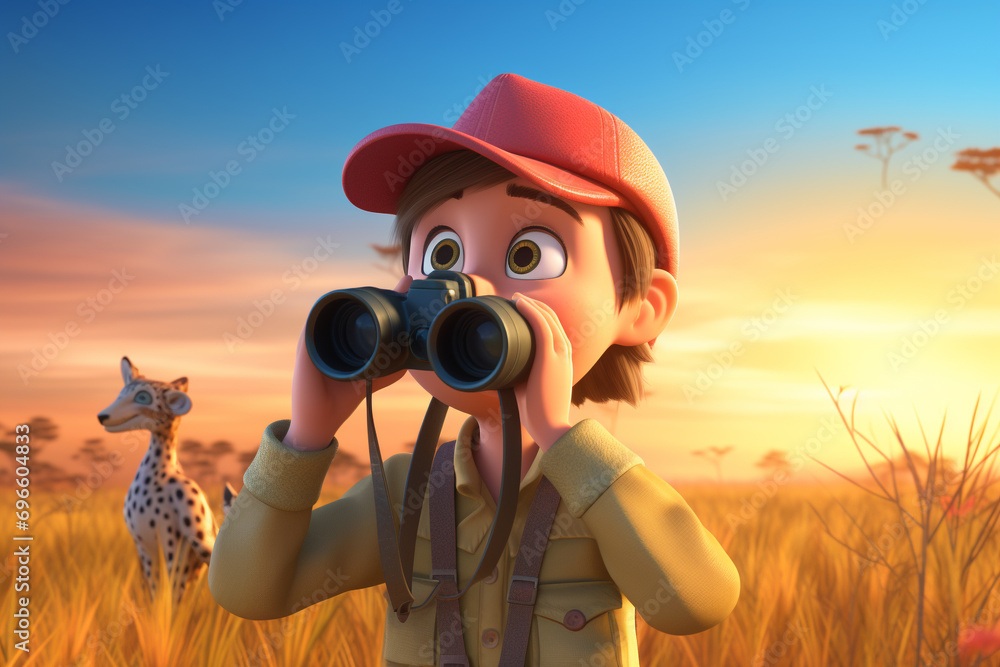 A 3D boy cartoon character observing wildlife through binoculars in an ...