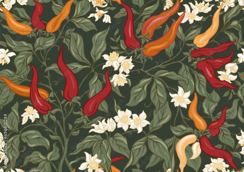 Hot chilly pepper plant with fruits and flowers Seamless pattern ...