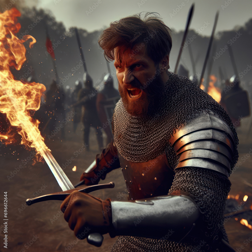 knight in armor fighting with a flaming sword in a medieval battle ...