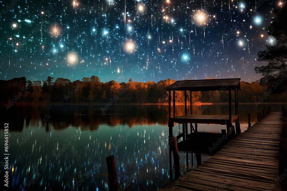 Serene lakeside scene at dusk with wooden dock, twinkling stars, and ...