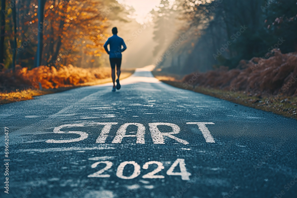 New Year 2024 Success Start: Male Runner on Asphalt Road, Challenge ...