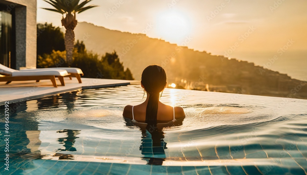 Luxury swimming pool spa resort travel honeymoon destination woman ...