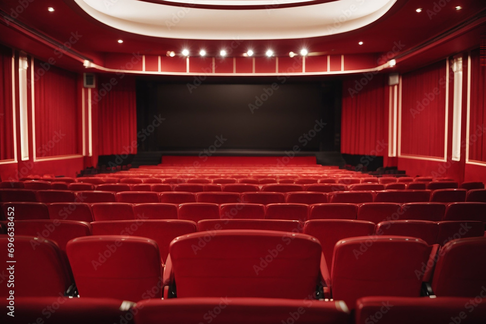 An empty cinema in red with a white blank screen. The layout of the ...