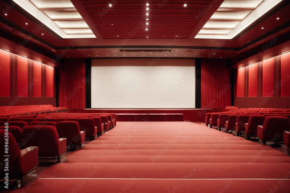 An empty cinema in red with a white blank screen. The layout of the ...