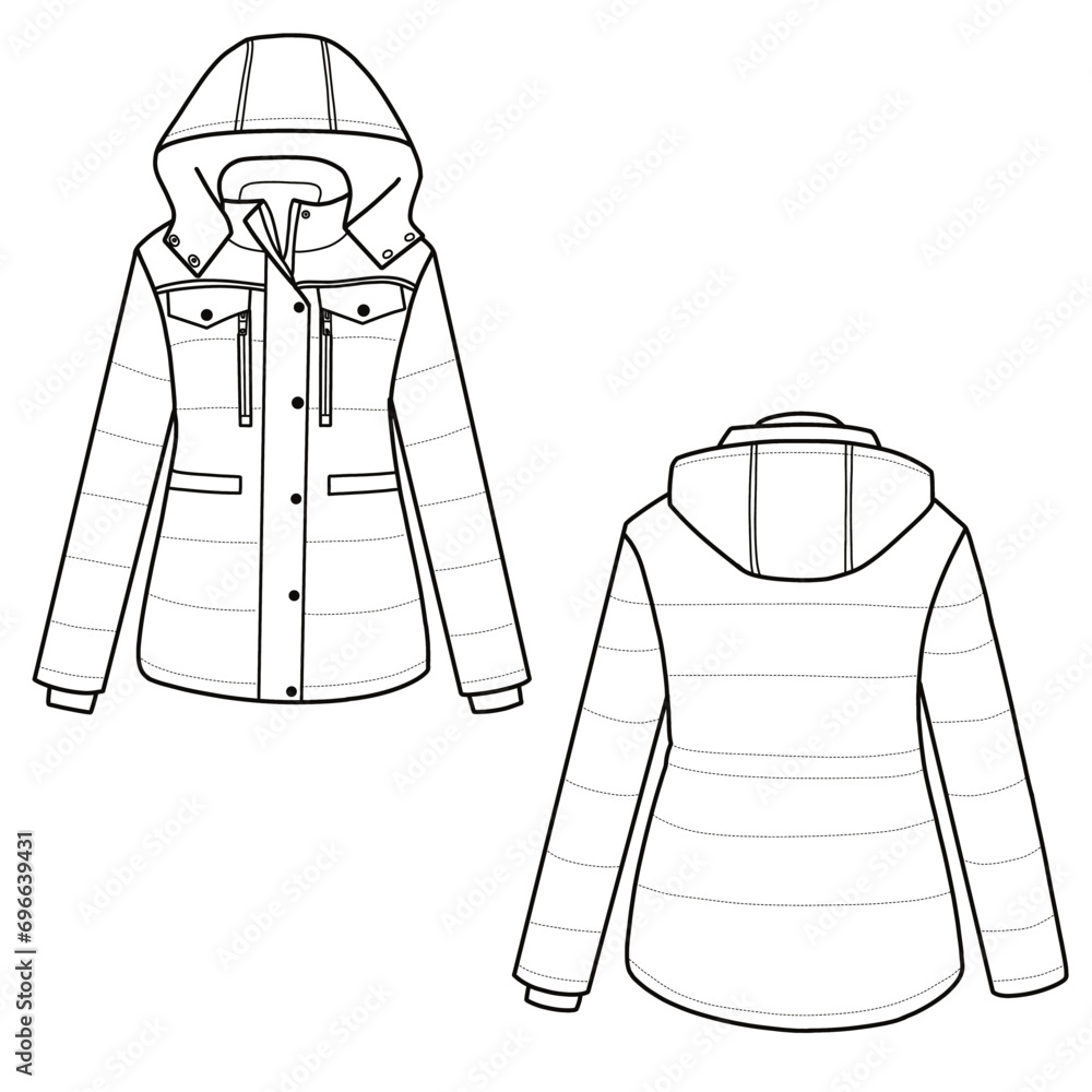 Technical sketch drawing of a puffer coat with detachable hood line art ...