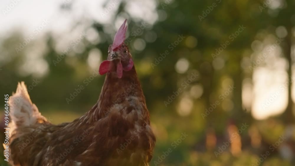 Brown and white chicken shaking head in slow motion and starting off to ...