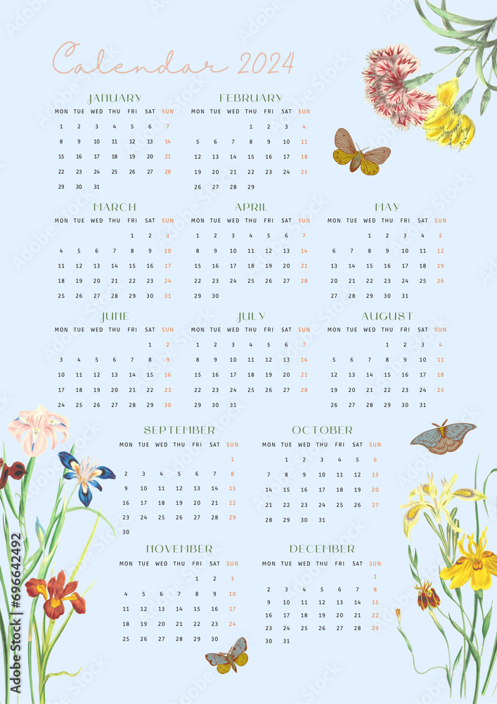 Calendar 2024 Calendar with holidays. Yearly calendar showing months ...