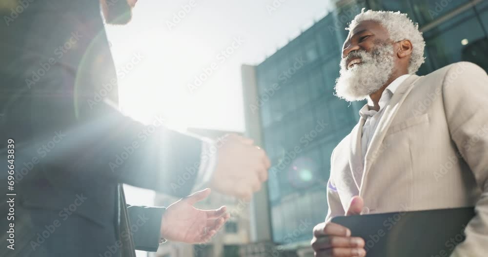 Outdoor, business people and men with handshake, greeting and contract ...