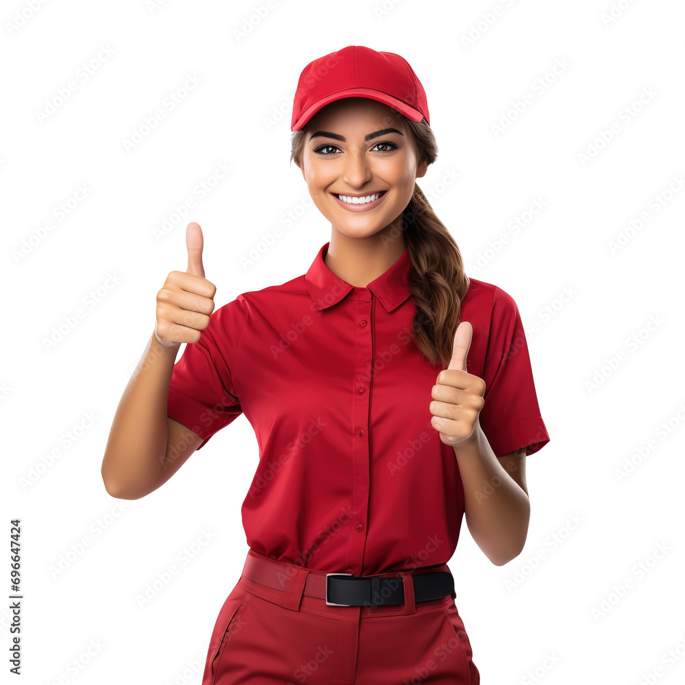 Gas station female employee posing with red uniform and smiling doing ...