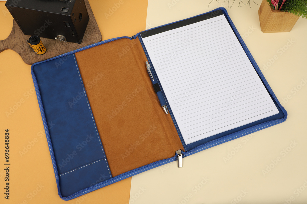 Leather Zipper Portfolio. Concept shot, top view, flap portfolio in ...