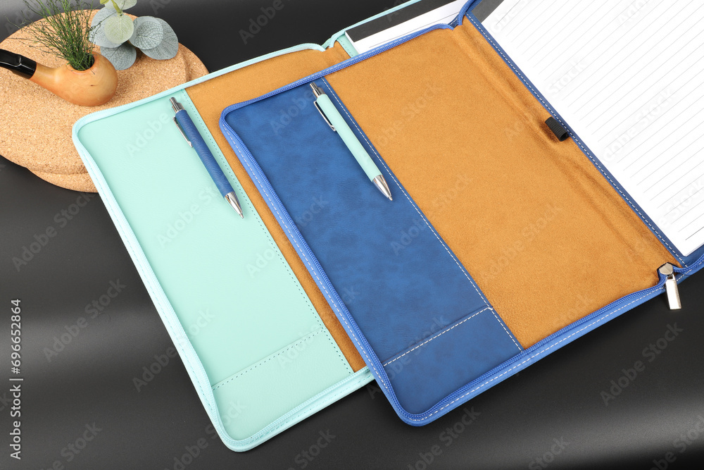 Leather Zipper Portfolio. Concept shot, top view, flap portfolio in ...