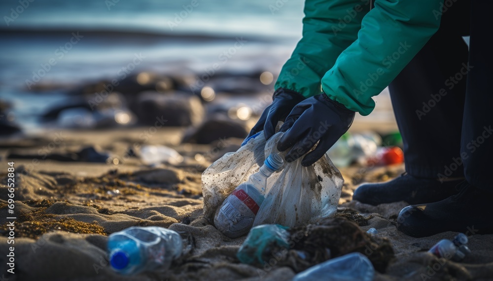 Beach Conservation Effort: A Volunteer Cleaning Up Plastic Pollution on ...