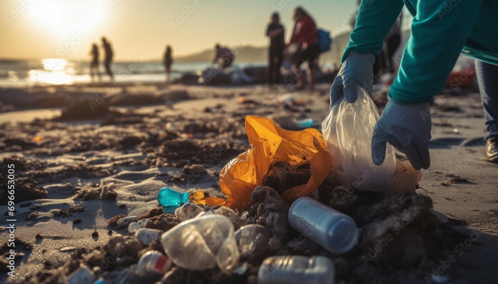 Beach Conservation Effort: A Volunteer Cleaning Up Plastic Pollution on ...