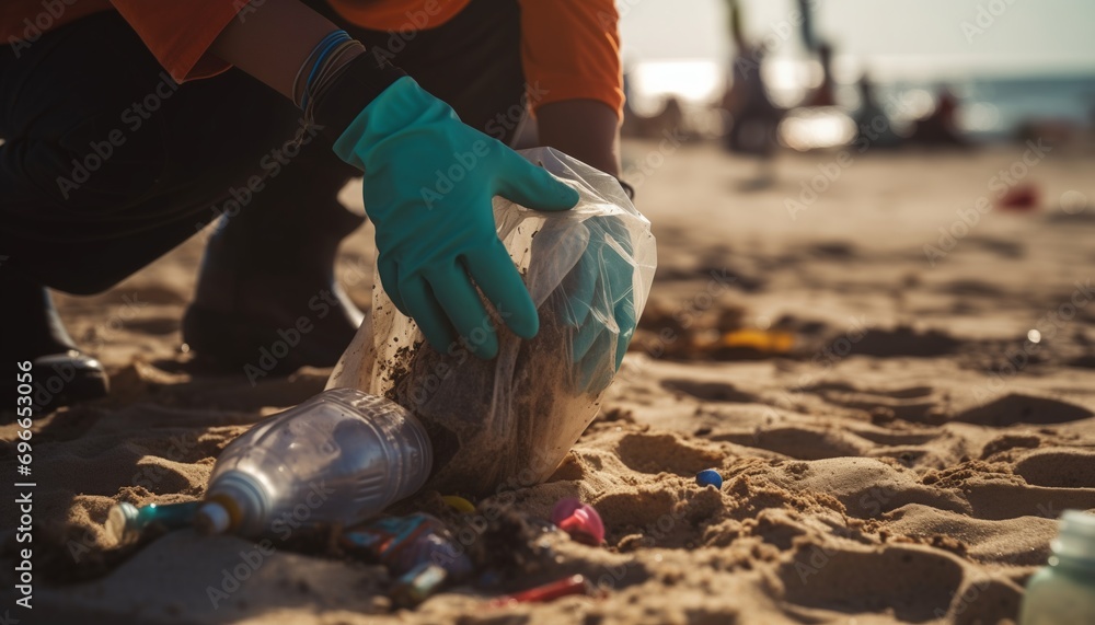Beach Conservation Effort: A Volunteer Cleaning Up Plastic Pollution on ...
