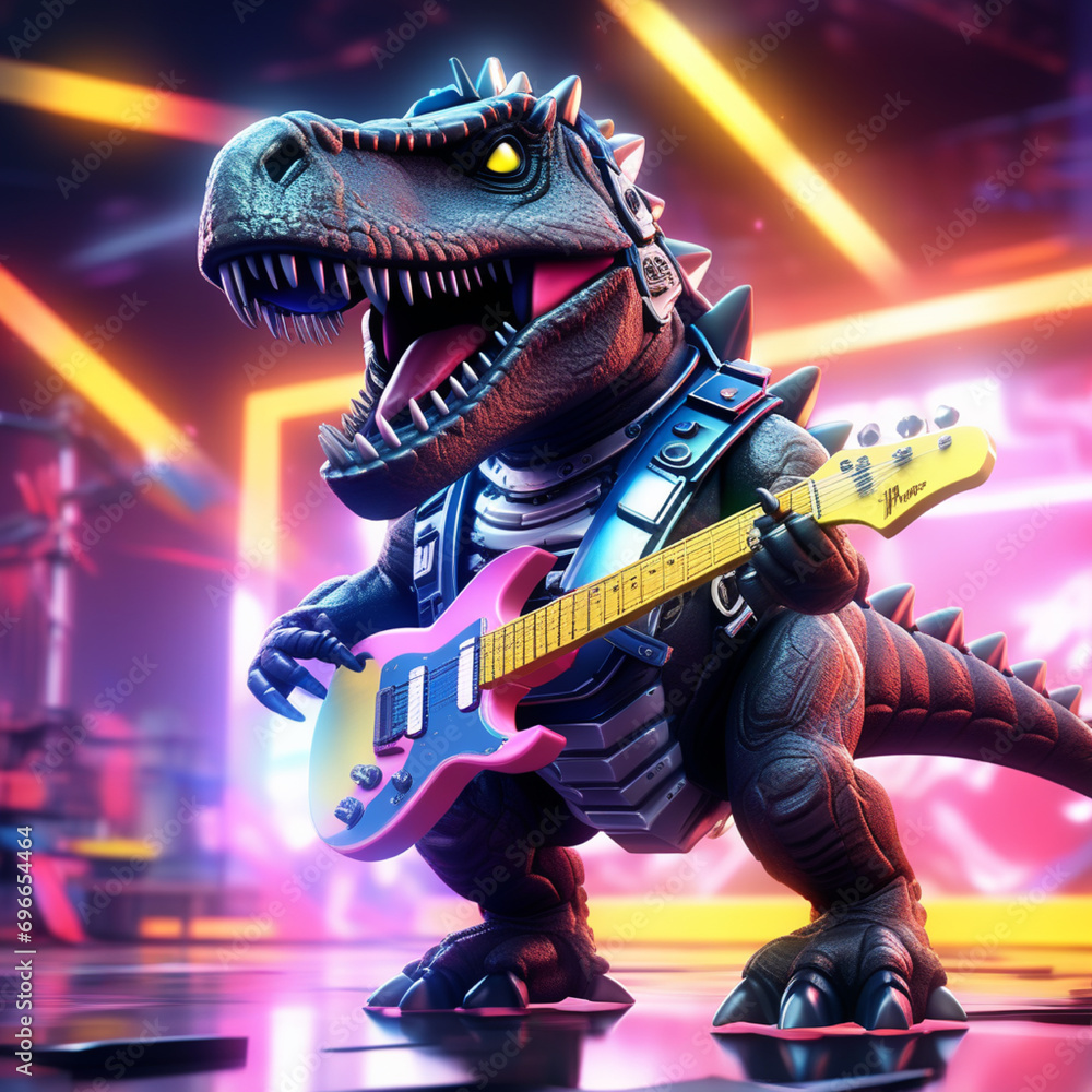 Tyrannosaurus rex is playing an electric guitar on a metal rock concert ...