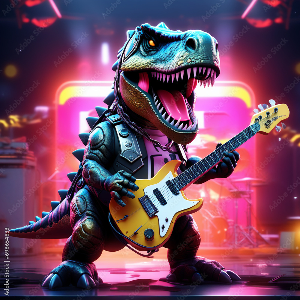 Tyrannosaurus rex is playing an electric guitar on a metal rock concert ...