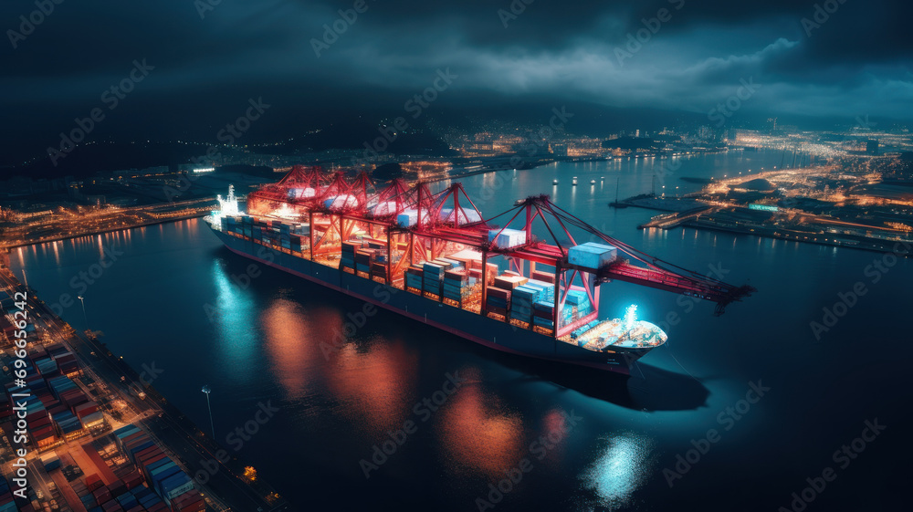 Container ship unloading in deep sea port, Aerial business commercial ...