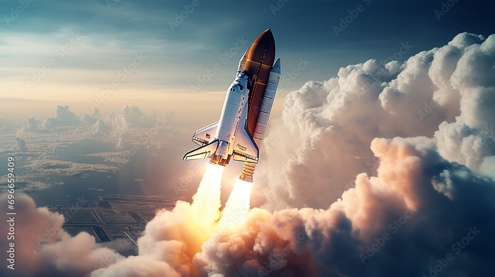Space shuttle taking off on a mission. Spaceship flying in the sky ...