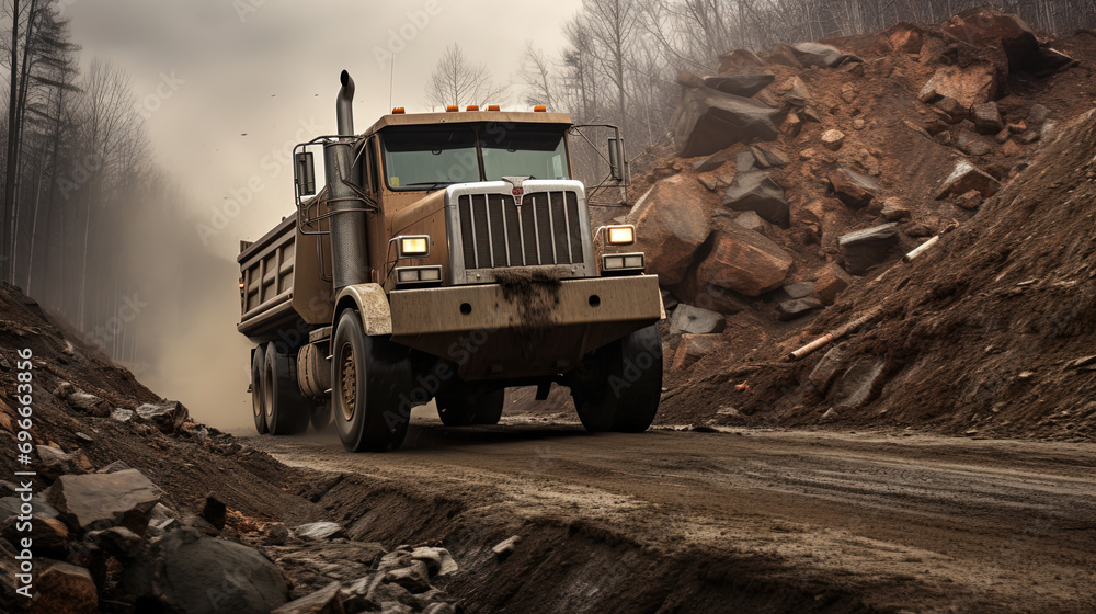 Dump Truck Maneuvering Through Rugged Terrain, Transporting Rocks Stock ...