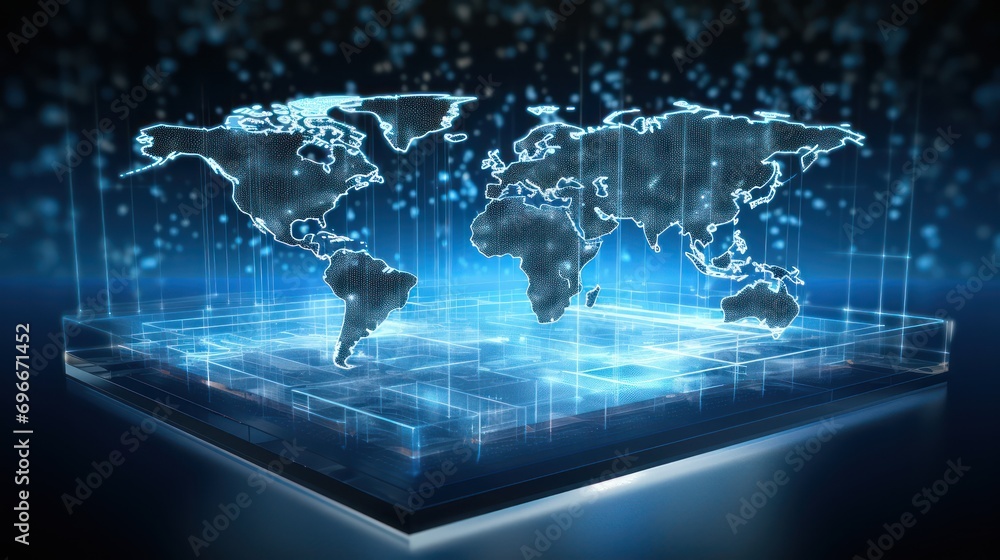 A holographic of digital world map display, minimal gradient light blue ...