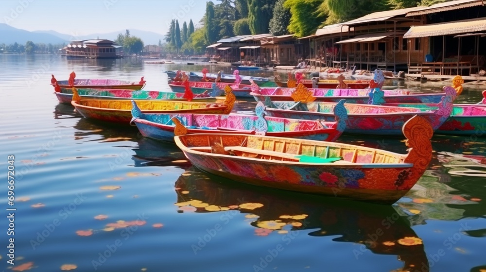 Beautiful view of the colorful Shikara boats floating on Dal Lake, Srinagar, Kashmir, India ...
