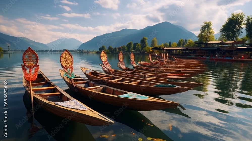 Beautiful view of the colorful Shikara boats floating on Dal Lake, Srinagar, Kashmir, India ...