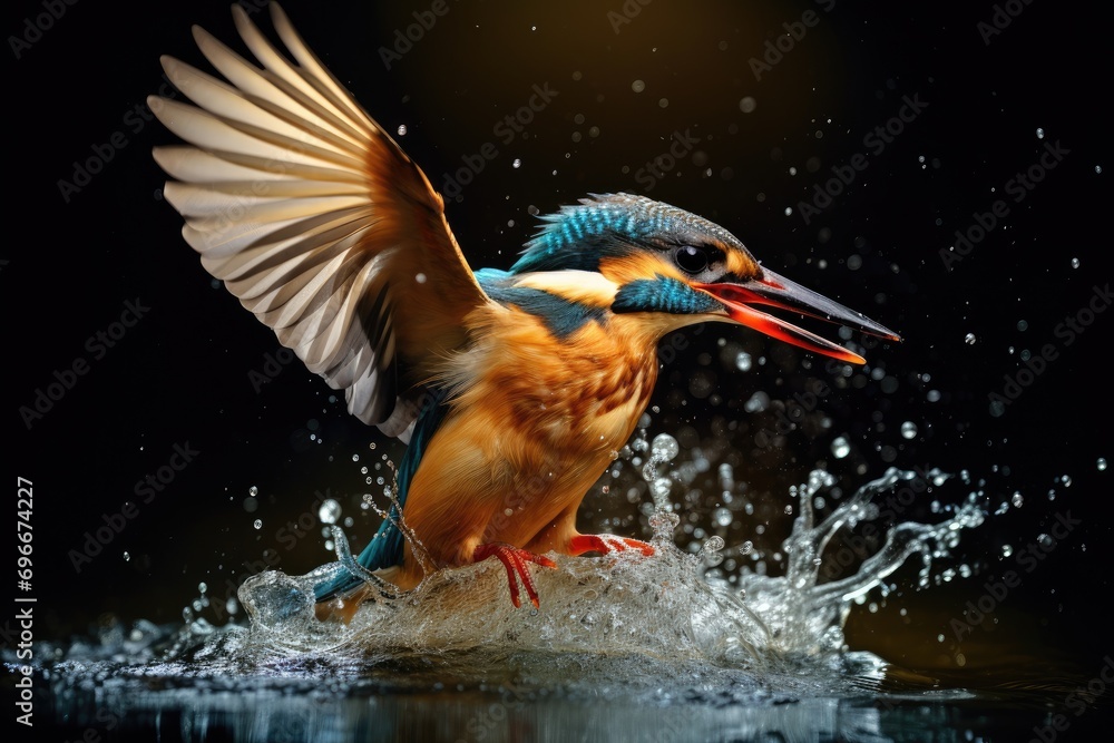 Kingfisher with a fish in its beak on a black background, A Kingfisher ...