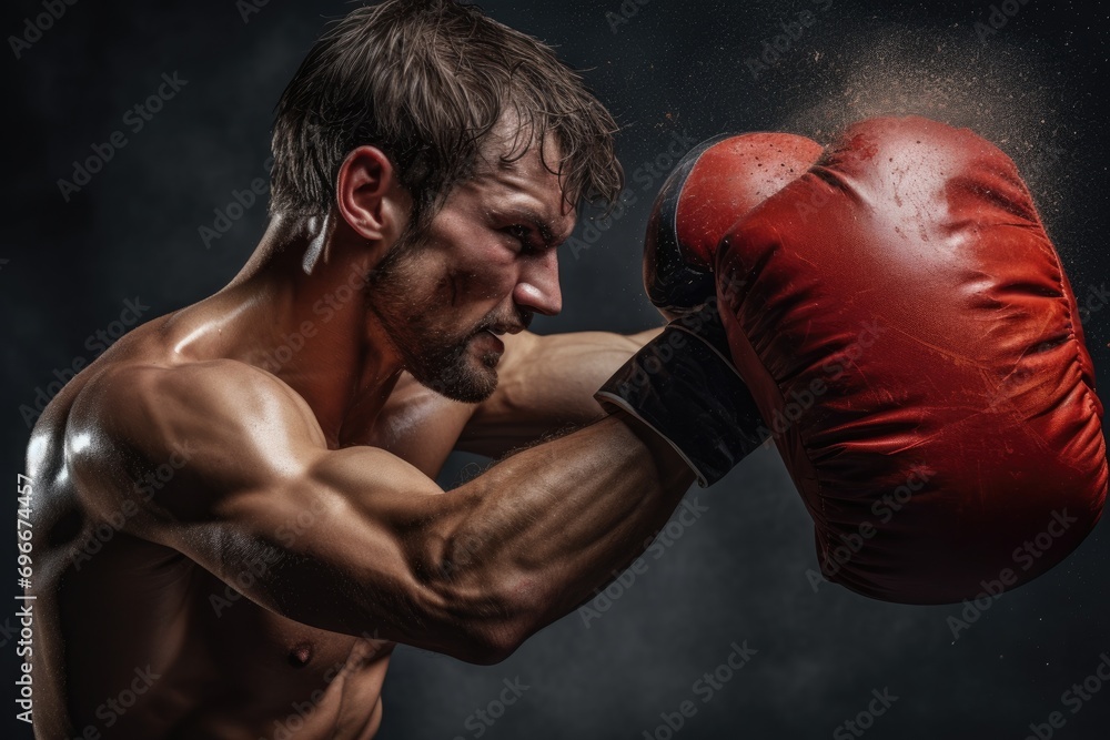 Handsome muscular man with red boxing gloves on dark background, A ...