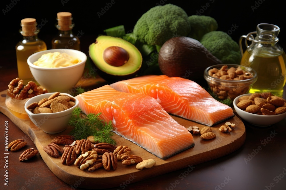 Selection of healthy food including salmon, avocado, walnuts, almond ...