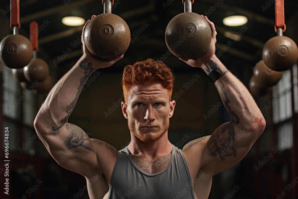 Portrait of a red-haired male athlete lifting weights in a gym, A ...