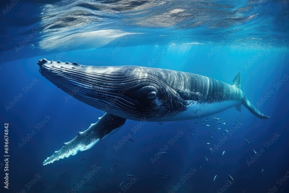 Humpback whale swimming in deep blue ocean. Underwater photography, A ...
