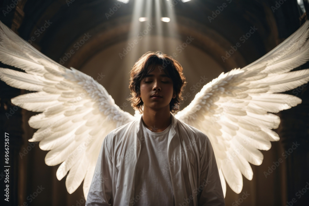 Man with angel wings spread in a majestic architectural setting. The ...
