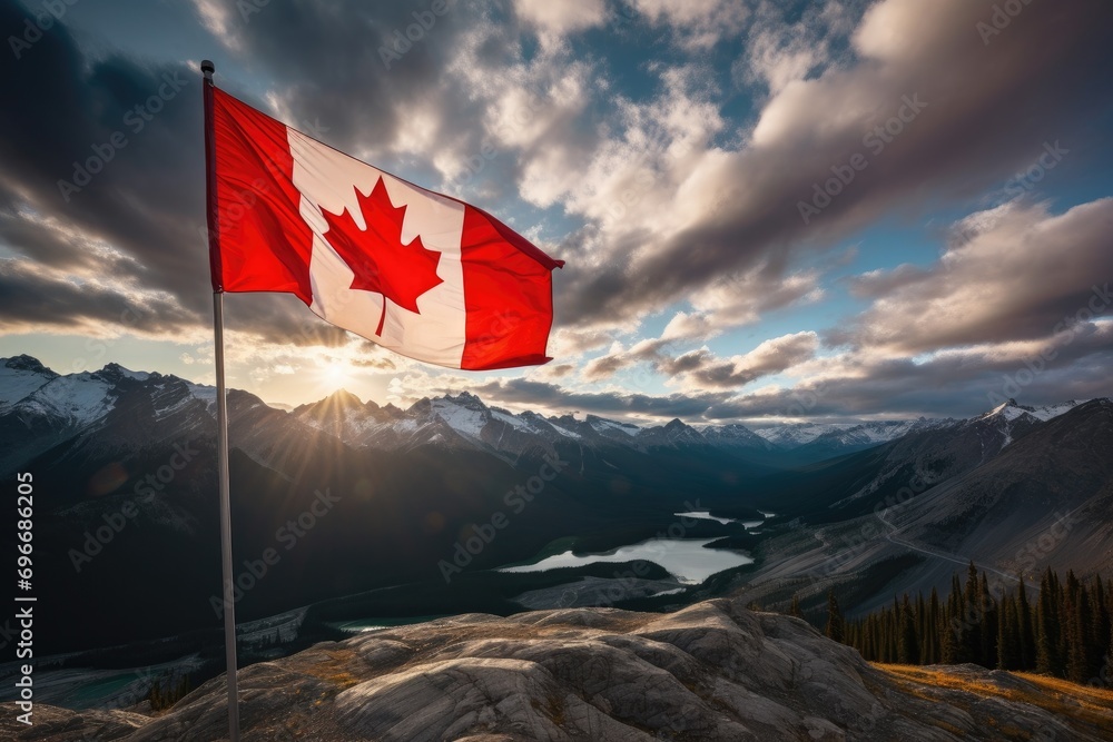 Canadian flag waving in the wind against a background of mountains and ...