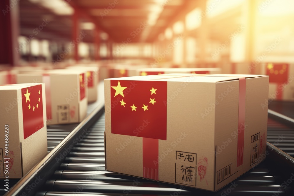 China flag on cardboard box on conveyor belt in warehouse. 3D Render ...